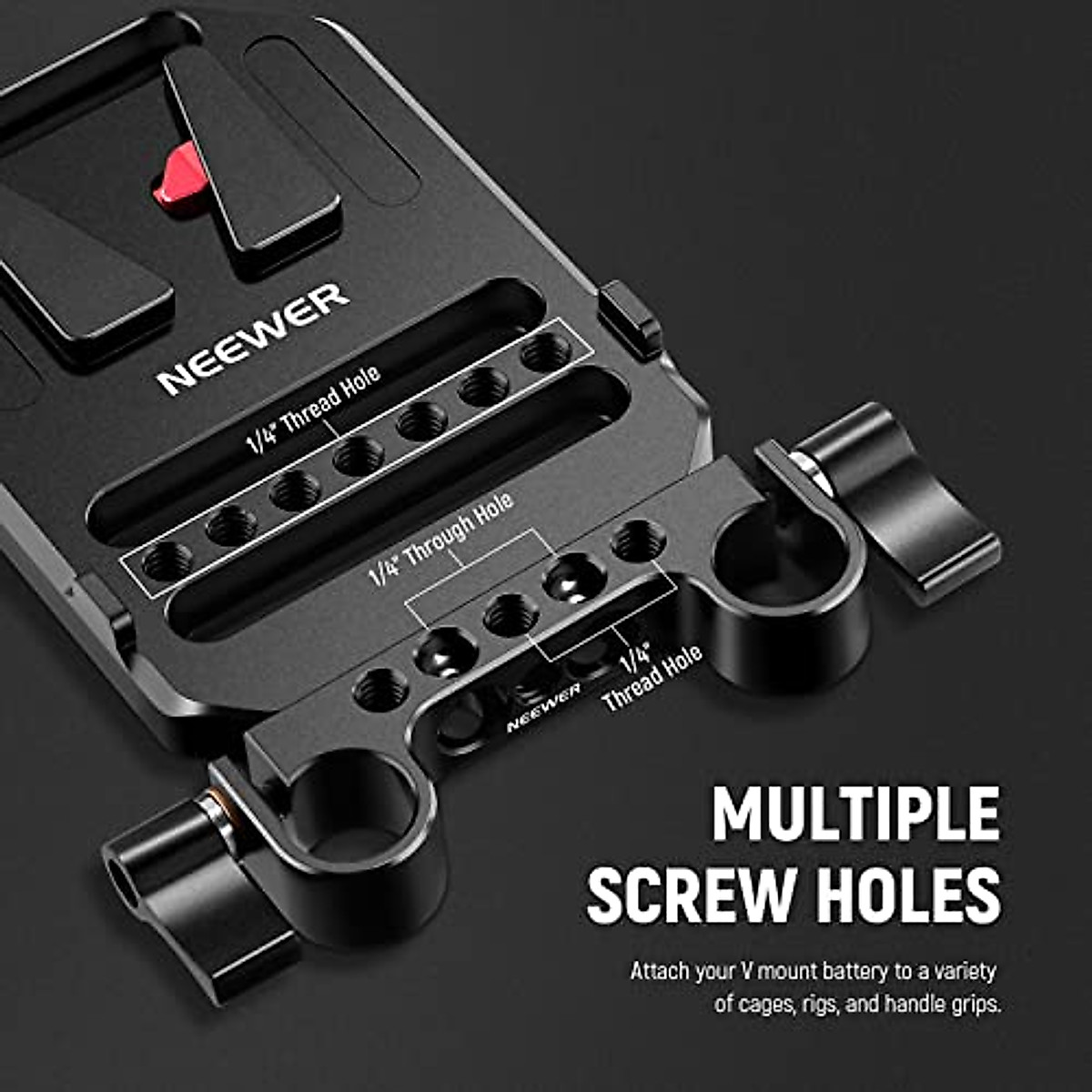 NEEWER V Mount Battery Plate with Dual 15mm Rod Clamps, 1/4" & 3/8" Threads, Metal V Lock Battery Mounting Plate Fits Camera Rig Cage with 15mm Rail Rod Support System, Compatible with SmallRig (ST43)