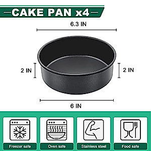E-far 6 Inch Cake Pan, 4-Piece Nonstick Round Cake Baking Pans for Wedding, Birthday, Layer Cake, Stainless Steel Core & Non-Toxic Coating, 2 Inch Deep