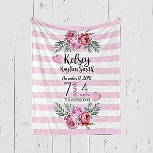 Baby Girl's Blanket - Birth Stats - Pink - Flowers Hearts - Minky 30" x 40"