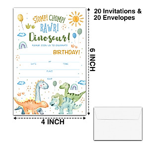 YSTEP Dinosaur Birthday Party Invitations, 20 Invite Cards with Envelopes, 4" x 6" Dino Birthday Invites - C19