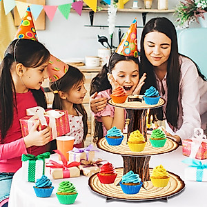 Wooden Cupcake Stand Decoration 3 Tier Western Party Cake Holder Woodland Baby Shower Rustic Wood Cupcake Stand Decor for Camping Birthday Party Woodland Animals Hunting Forest Safari Party Supplies