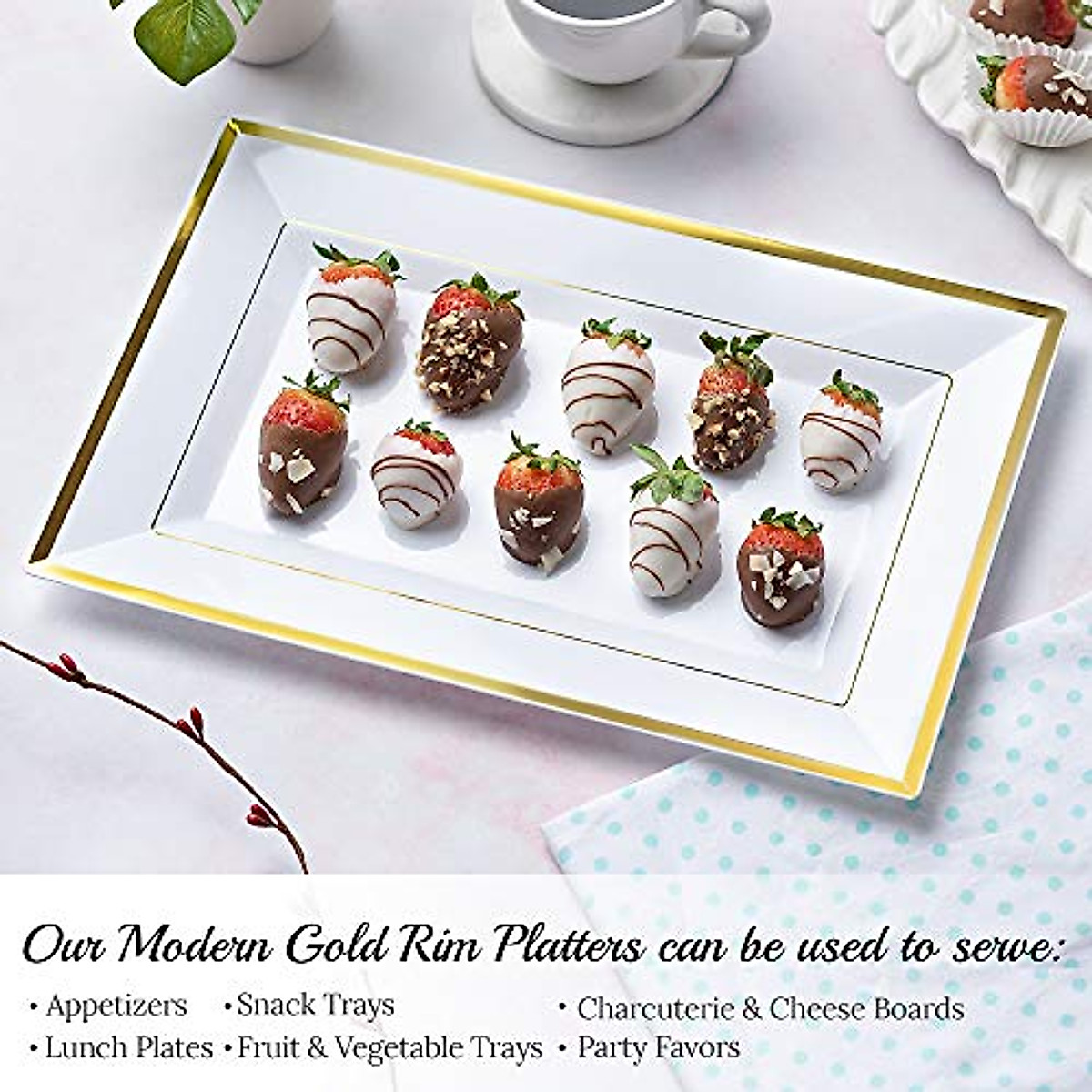 Mint Living - Elegant Plastic Serving Tray & Platter Set (6pk) - White & Gold Rim Disposable Serving Trays & Platters for Food - Weddings, Upscale Parties, Dessert Table, Cupcake display - 8x13 inches