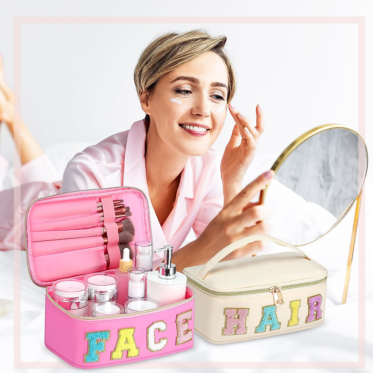 Sanwuta 4 Pcs Chenille Letter Makeup Bag Preppy Patch Cosmetic Bag Nylon Makeup Pouch Portable Travel Large Stuff Bag Toiletry Storage Bag with Zipper and Handle (Pink, Blue, Black, Beige)