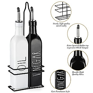 Brighter Barns Farmhouse Oil and Vinegar Dispenser Set Black & White Olive Oil Dispenser Bottle with Caddy Holder & Stainless Steel Spout - Cute Modern Vintage Glass Cruet for Kitchen -500ml 17oz