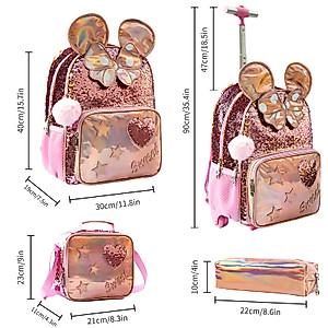 Rolling Backpack 16 Inch Kids Backpack School Backpack, 3 IN 1 Bookbag Set for Girls