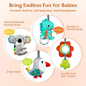 XIXILAND Car Seat Toys Baby Toys 0-3 Months Developmental, Stroller Toys Infant Toys 0-6 Months Newborn Toys, Carseat Toys for Infants 0-12 Months with Dinosaur, Lion Mirror, Teether