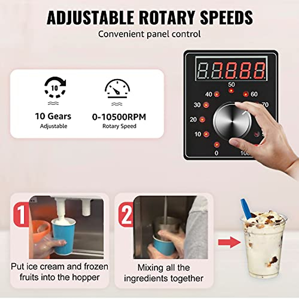 VEVOR 800W Electric Ice Cream Mixer Machine, 110V Ice Cream Blender, 10-Speed Levels Adjustable, Soft Serve Ice Cream Machine w/Splash-Proof Bezel, Commercial Ice Cream Make, Includes 3 Hand Cups