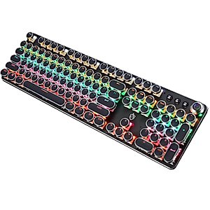 Mechanical Keyboard LED Backlit Retro USB Keyboard -Blue Switch - Retro Style and Round Keycaps -104 Keys Vintage Steampunk Gaming Multimedia Macro Program Keyboard (Black)