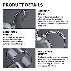 Glass Teapot Set, 34OZ/1000ML Glass Tea Kettle with Loose Tea Infuser & Warmer, 5oz/150ML Tea Cup & Saucer Set of 4, Stovetop & Microwave Safe Tea Maker, Blooming Tea Gift Set For Women