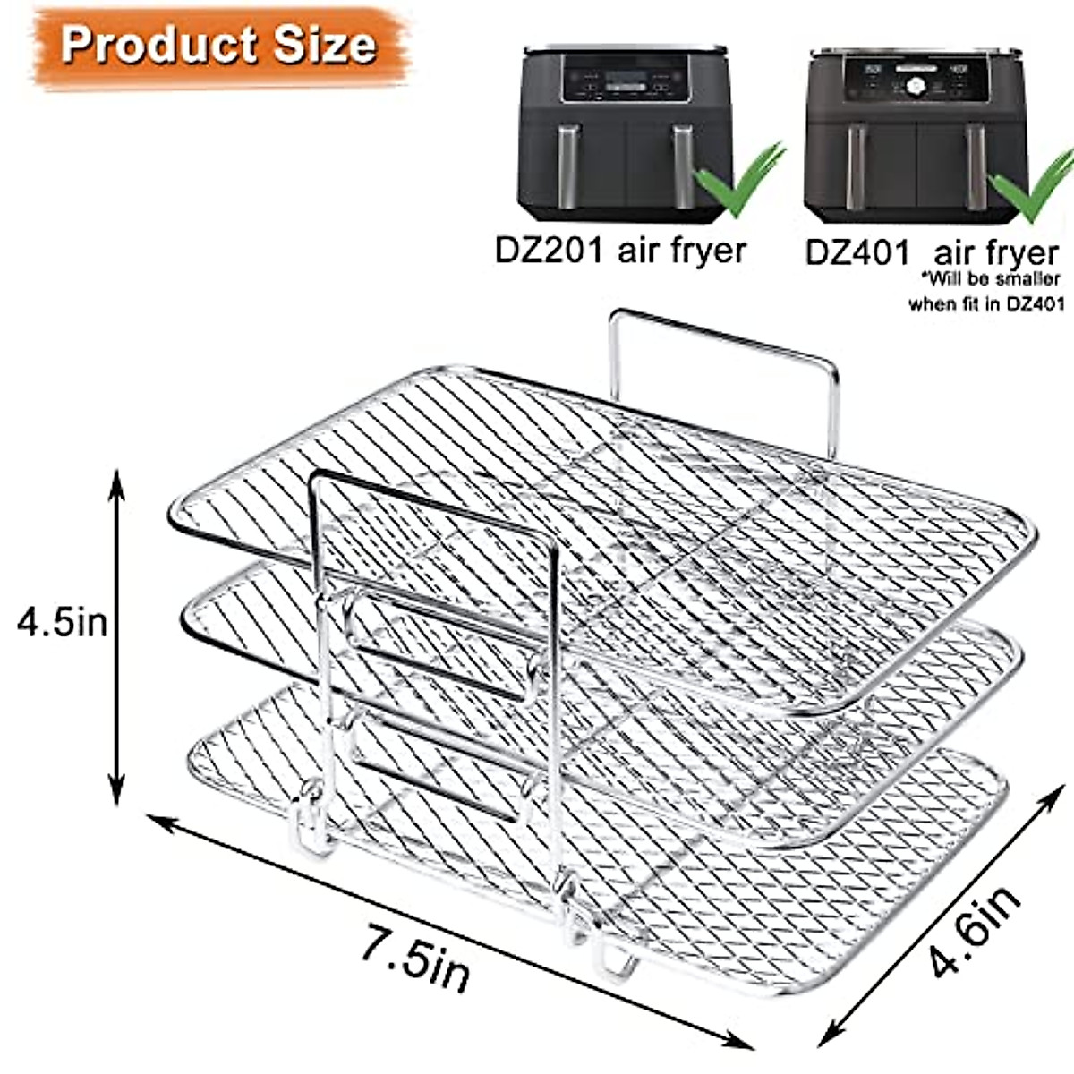 Air Fryer Rack Compatible with Ninja DZ201 DZ401 PowerXL Air Fryer 2-Basket Electric Fryer, Double Basket Air Fryers Rack, 304 Stainless Steel Toast Rack, Multi-Layer Grill Rack, Grill Rack