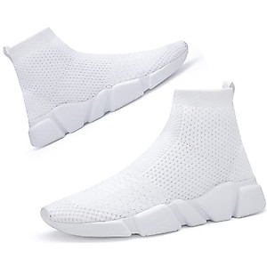 Santiro White Slip On Sneakers for Women Breathable Tennis Athletic Sock Shoes Casual High Top Running Shoes 8.5 US