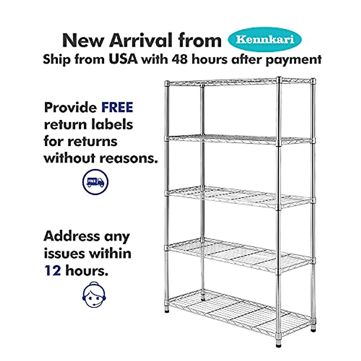 Kennkari 36“ × 14” Free Standing Shelving Unit, 5-Tier Adjustable Metal Shelf Organizer Rack for Pantry/Laundry/Kitchen/Dorm, Wire Storage Shelves (Silver)