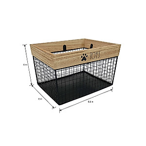 Small Pet Toy Basket - Metal and Wood Dog Toy Storage Basket - Small Cat and Dog Toy Bin Storage Organizer for Puppy Leash, Blanket, Food, Accessories - Container Baskets for Dog, 9.75" x 8" x 6"