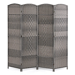 Giantex Room Divider 4 Panel, 6FT Tall Folding Privacy Screen with Solid Wood Frame, Hand-Woven Texture, Fully Assembly, Freestanding Wall Partition Room Dividers for Bedroom Office Patio