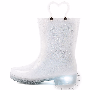 Outee Toddler Girls Rain Boots Kids Baby Light Up Glitter Waterproof Rubber Mud Shoes Lightweight Sparkle Silver Adorable with Easy-On Handles Non Slip (Size 9,Silver)