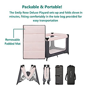 Dream On Me Emily Rose Deluxe Playard in Pink with Infant Bassinet and Changing Tray, Lightweight Portable and Convertible Playard for Baby, Breathable Mesh Sides and Soft Fabric