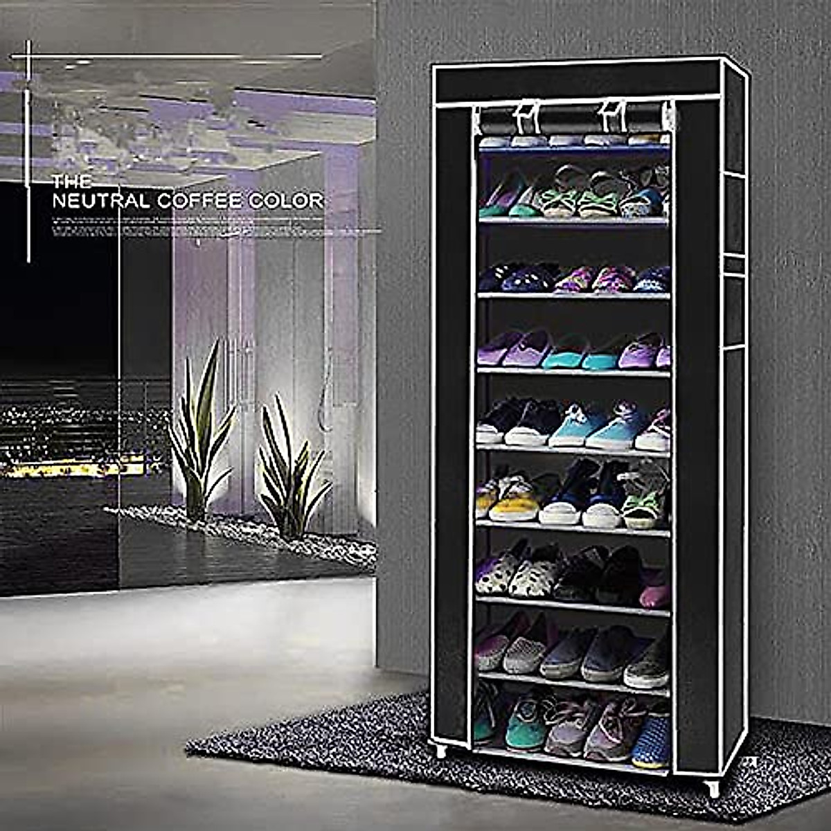 Mekek Black Shoe Rack, Free Standing Shoe Racks 9 Tier - Portable Row Shoe Rack Organizer Tower for Closet with Nonwoven Fabric Cover (Black)