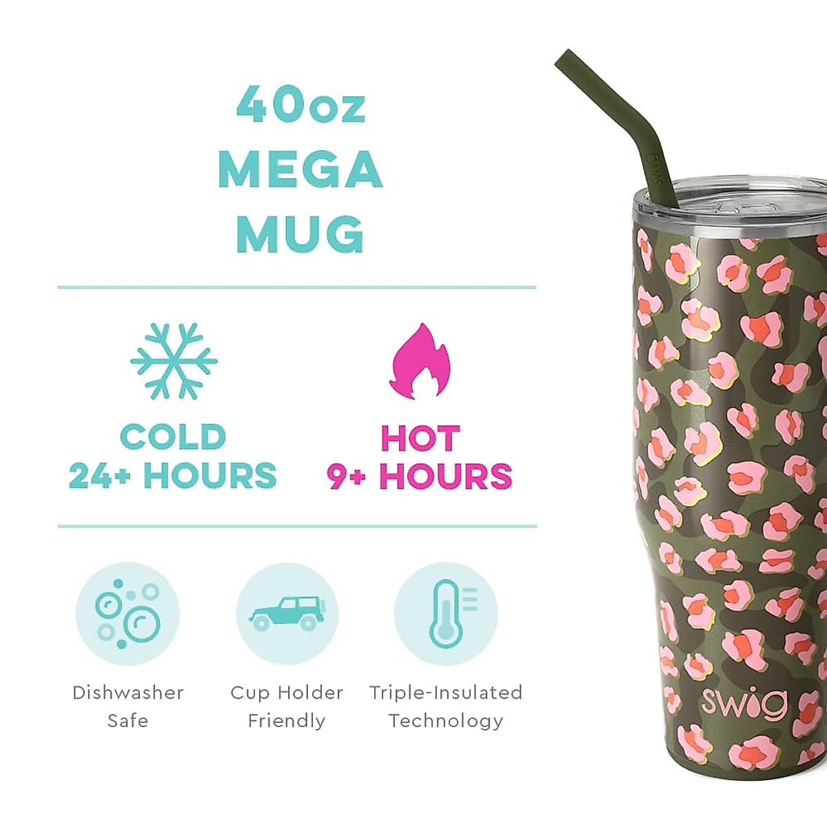 Swig Life 40oz Mega Mug, 40 oz Tumbler with Handle and Straw, Cup Holder Friendly, Dishwasher Safe, Extra Large Insulated Tumbler, Stainless Steel (On the Prowl)