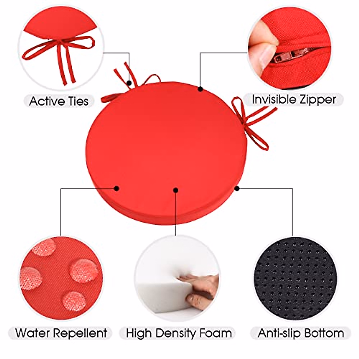 GUEGLSA Indoor Outdoor Round Chair Cushions 15 inch, Waterproof Bistro Seat Cushion with Ties ，Non Slip Circle Stool Chair Pads Set of 2, Red