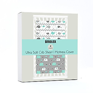 Stretchy Fitted Crib Sheets Set BROLEX 2 Pack Portable Crib Mattress Topper for Baby Boys Girls,Ultra Soft Jersey,Full Standard,Elephant & Whale
