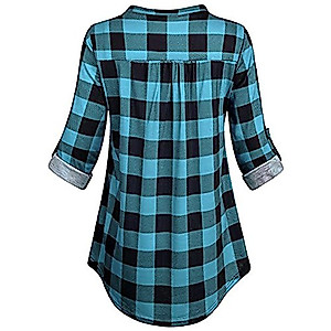 Blouse for Women Long Sleeve Kimloog Women's Split V Neck Long Sleve Casual Roll-up Plaid Tunic Blouses Tops [Video Game] [Video Game] Blue