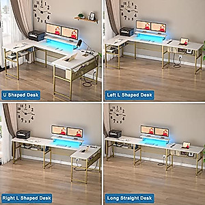 Unikito U Shaped Desk with LED Strip and Power Outlet, Reversible Large Corner Computer Desk with Monitor Stand and Storage Shelf, 83 Inch U Shape Office Desks, 2 Person L Shaped Gaming Table, White