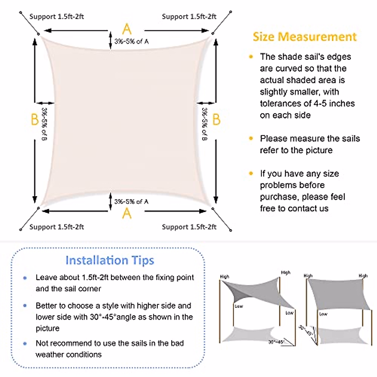 Sun Shade Sail 16'x16' Cream & Shade Sail Hardware Kit with Nylon Coated Cable Wire