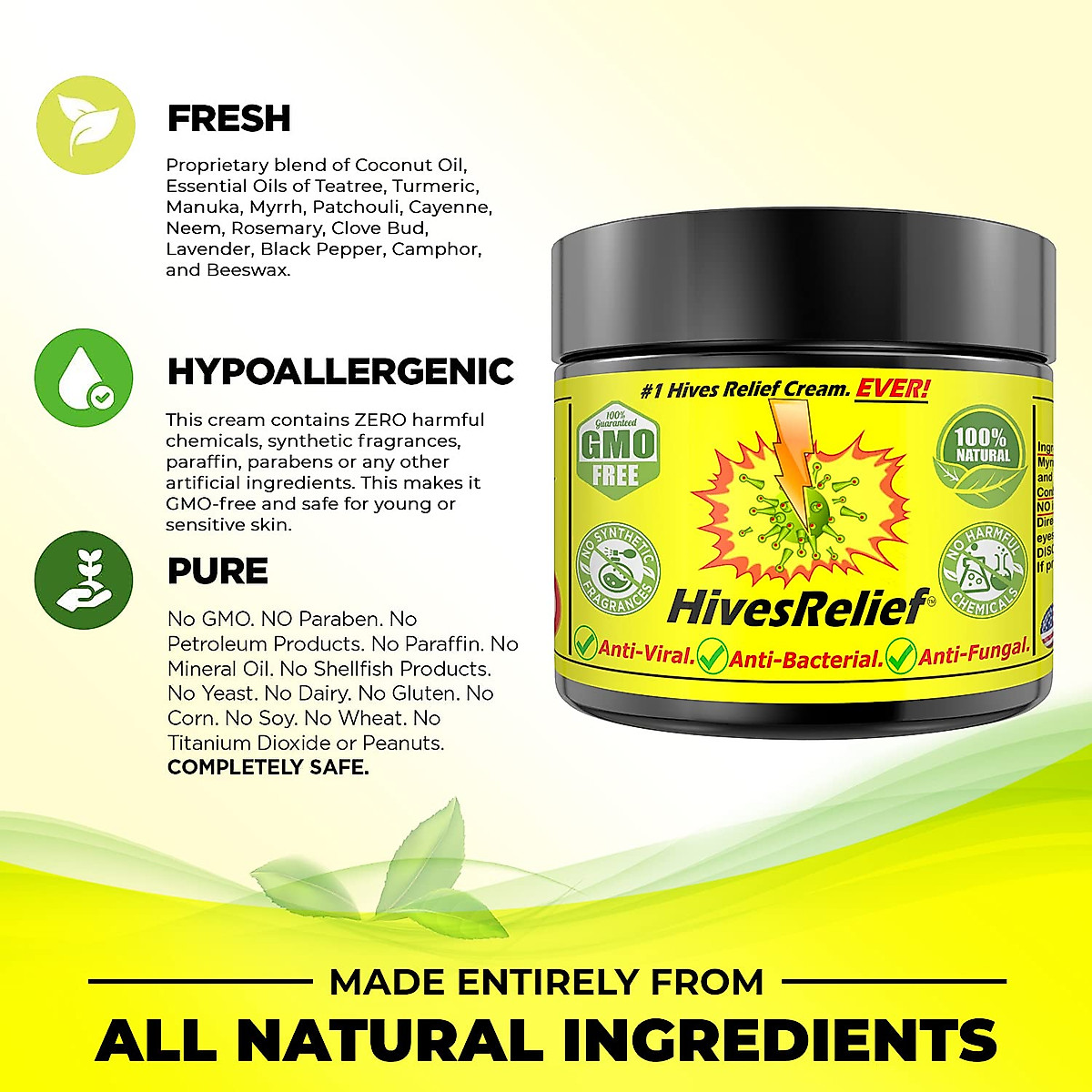 HivesRelief Cream - Fastest Acting Powerful Hives Relief Cream with 100% Natural Formula - Gentle Skin Irritation Cream for Hives Itchiness, Redness & Rashes - for Adults & Kids