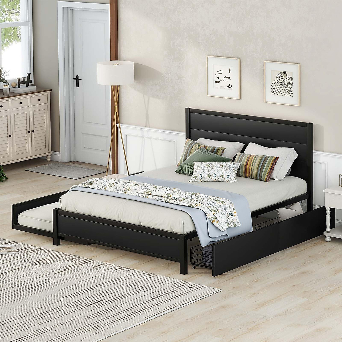 DUNTRKDU Queen Size Metal Platform Bed Frame with 2 Storage Drawers and Twin Size Trundle, Storage Platform Bed with Tufted Headboard for Kids/Teen/Adults, Noise-Free, No Box Spring Needed (Queen)