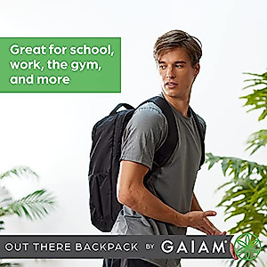 Gaiam Out There Yoga and Fitness Backpack - Gym and Travel Essentials Bag with Multiple Zippered Pockets, Padded Laptop Compartment, and Adjustable Padded Shoulder Straps - Black, 19"H x 13"W