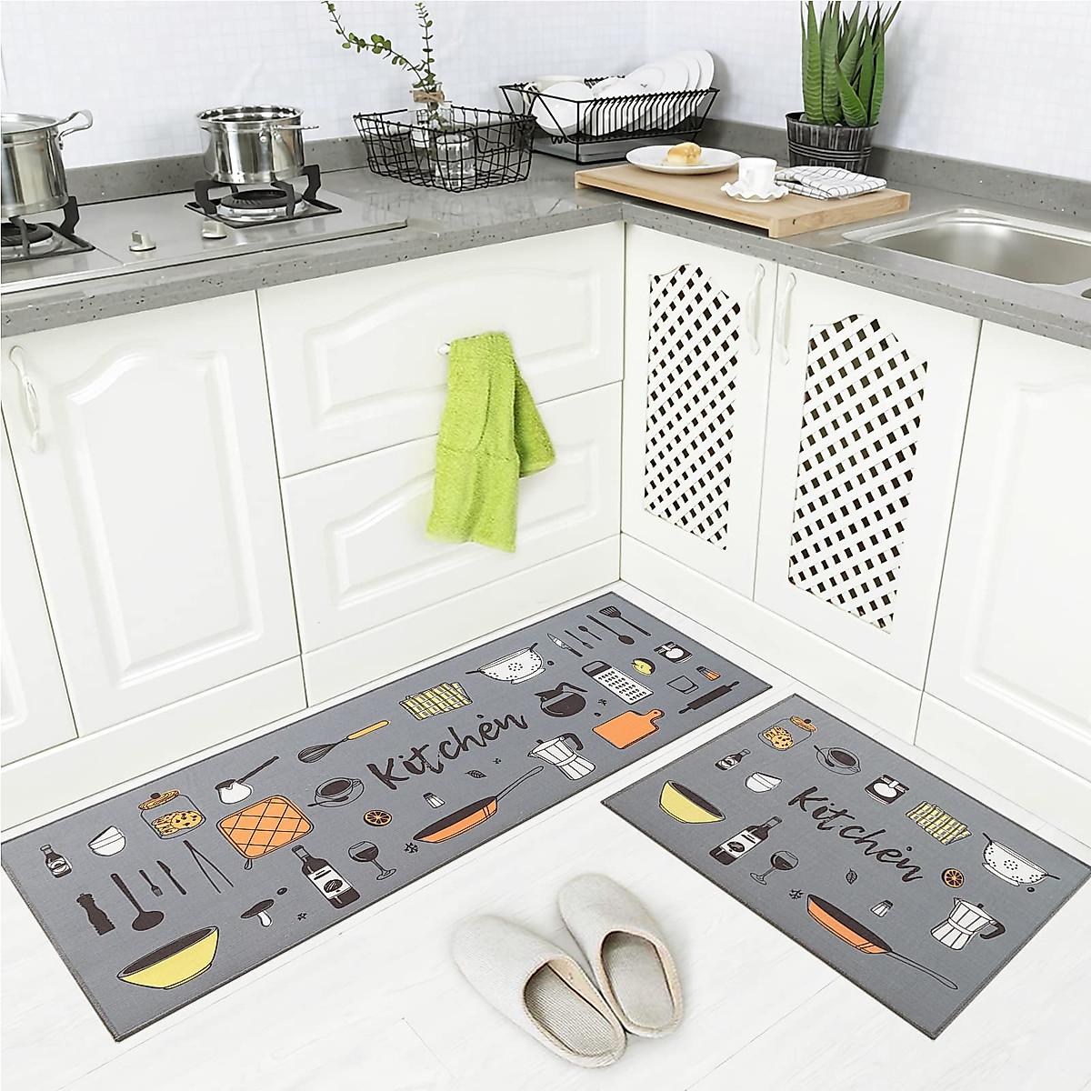 Carvapet 2 Pieces Non-Slip Kitchen Rug TPR Non-Skid Backing Mat for Doorway Bathroom Runner Rug Set, Grey Kitchen Design (17"x48"+17"x24")