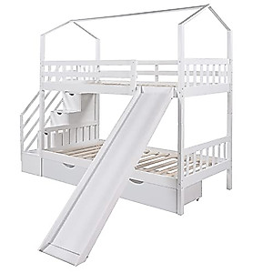 ERDAYE Soild Wood Twin Over Twin House Bunk Bed Frame with Two Drawers, Slide and Storage Staircase,White