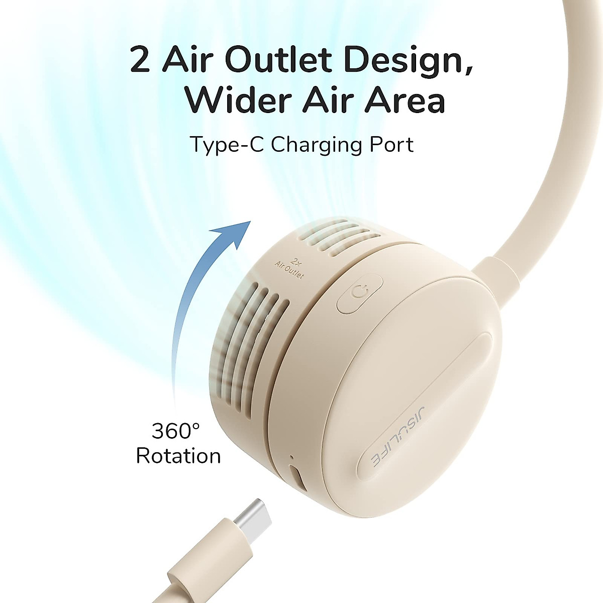 JISULIFE Portable Neck Fan, 360°Adjustable Bladeless Neck Fan, Lightweight Neck Fan, USB Rechargeable Fan for Neck and Face, 2 Air Outlet, Flexible Hose, Personal Fan Around Neck, 4 Speeds-Brown