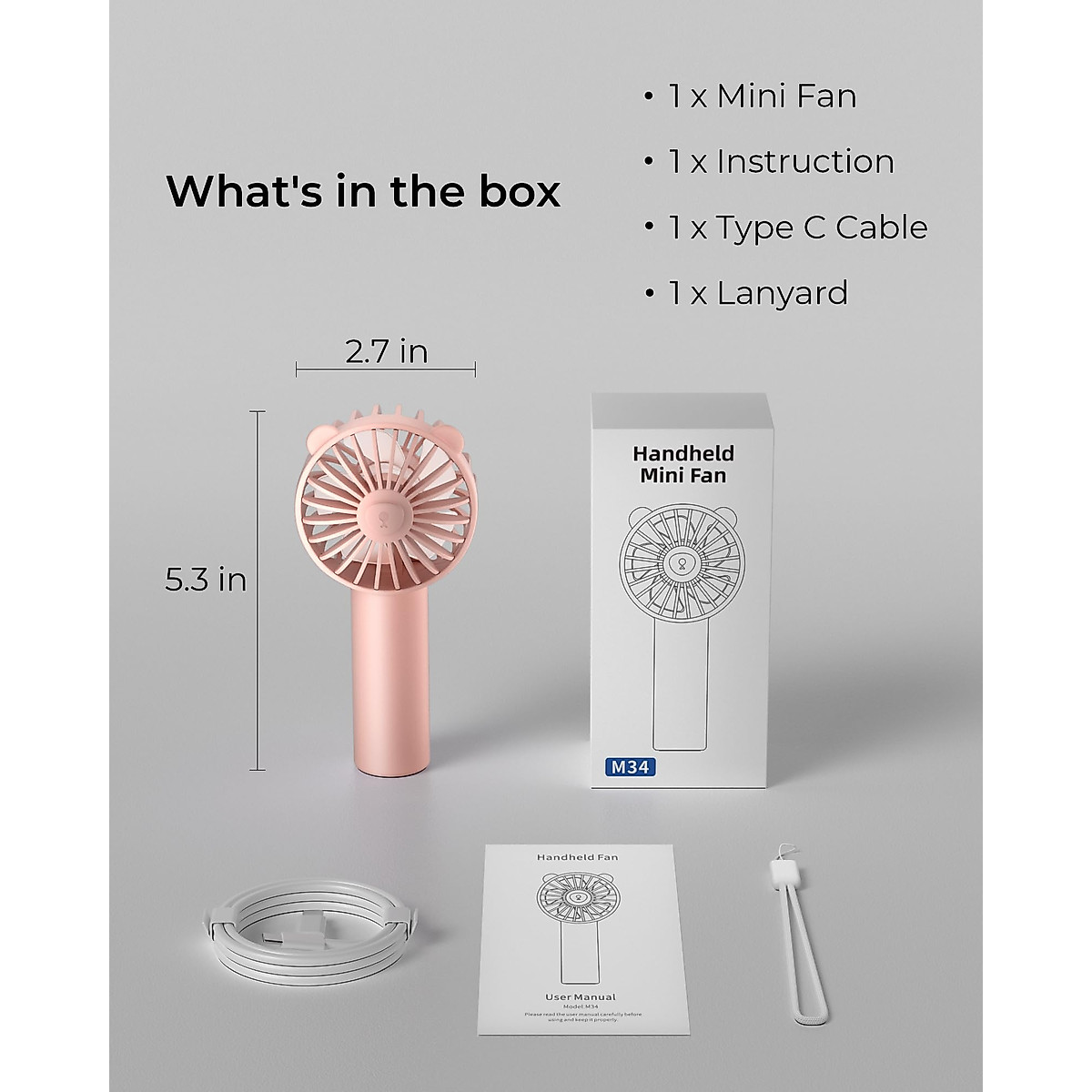 Mini Fan, Portable Fan with 3 Speeds for 2000mAh Battery USB-C Rechargeable, 3-Speed Quiet Operation, Stylish Handheld Fan for Outdoors & Travel