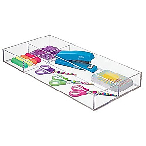 mDesign Plastic Stackable Office Divided Storage Drawer Organizer Tray for Cabinet, Desk, Shelf, or Closet Organization - Holds Note Pads, Pens, Tape, Staples, Scissors, Lumiere Collection - Clear