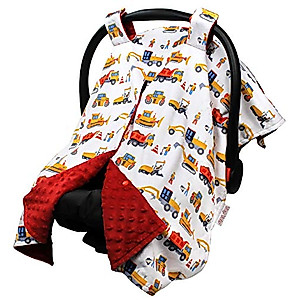 Baby Car Seat Canopy Cover - Construction Tractors with Red Minky Dot
