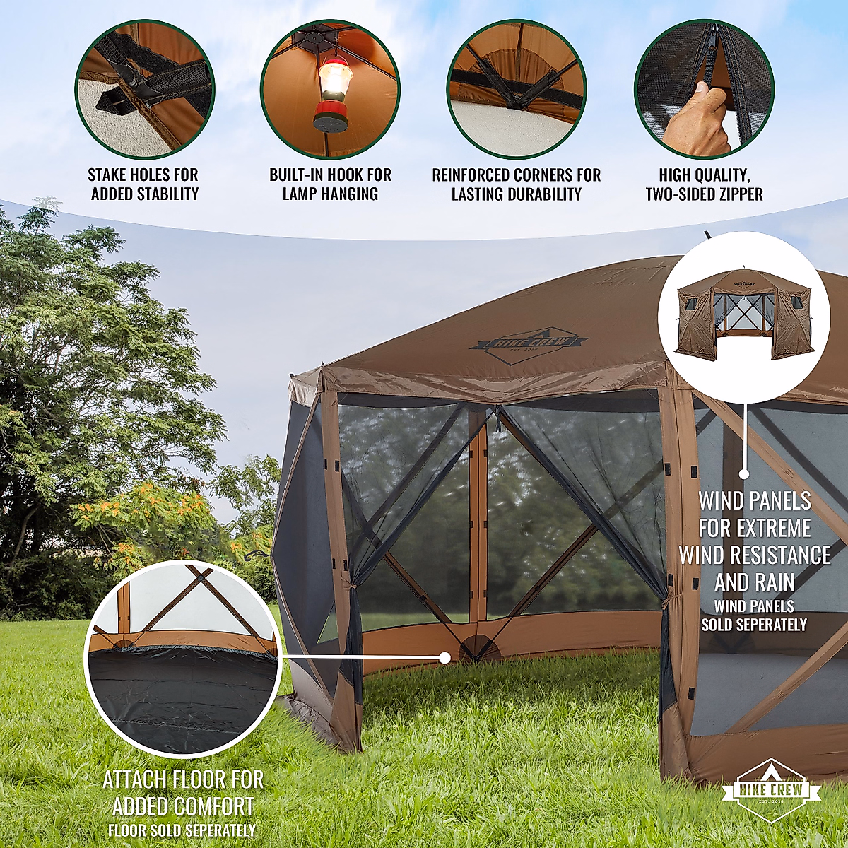 Hike Crew Extra Large 14.5’ x 14.5’ Pop-Up Gazebo Screen Tent | Screened 8-Sided Instant Outdoor Canopy Shelter w/Stakes, Ropes & Carry Bag for Camping, Sports, Picnic Table | UV Resistant SPF 50+