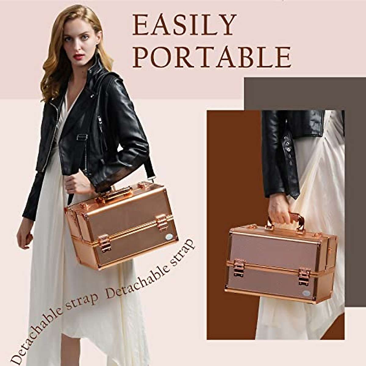 Joligrace Makeup Train Case Professional - 13.5 Inch Portable Artist Lockable Aluminum Cosmetic Organizer Storage Box with 4 Adjustable Dividers Trays 2 Locks and Shoulder Strap Rose Gold