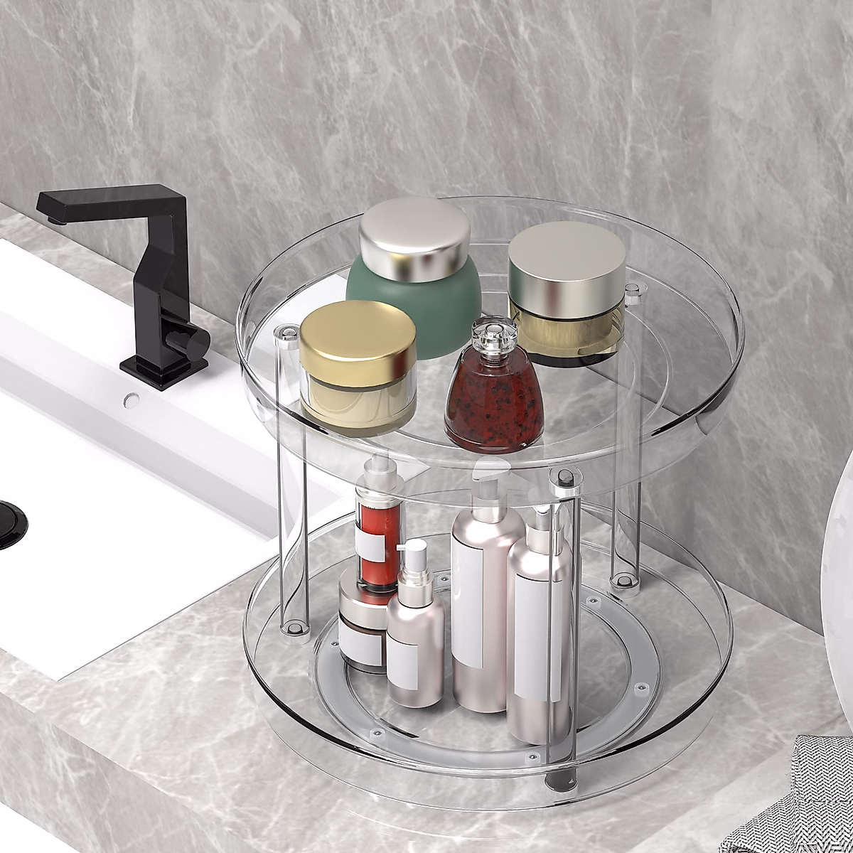 HYDROWE Lazy Susan Organizer 2 Tier, Round Plastic Turntable Organizer Organization Storage Container Bins,Spinning Organizer for Spices,Vanity Countertop Makeup Organizing(2 Tier 9.25 Inch)