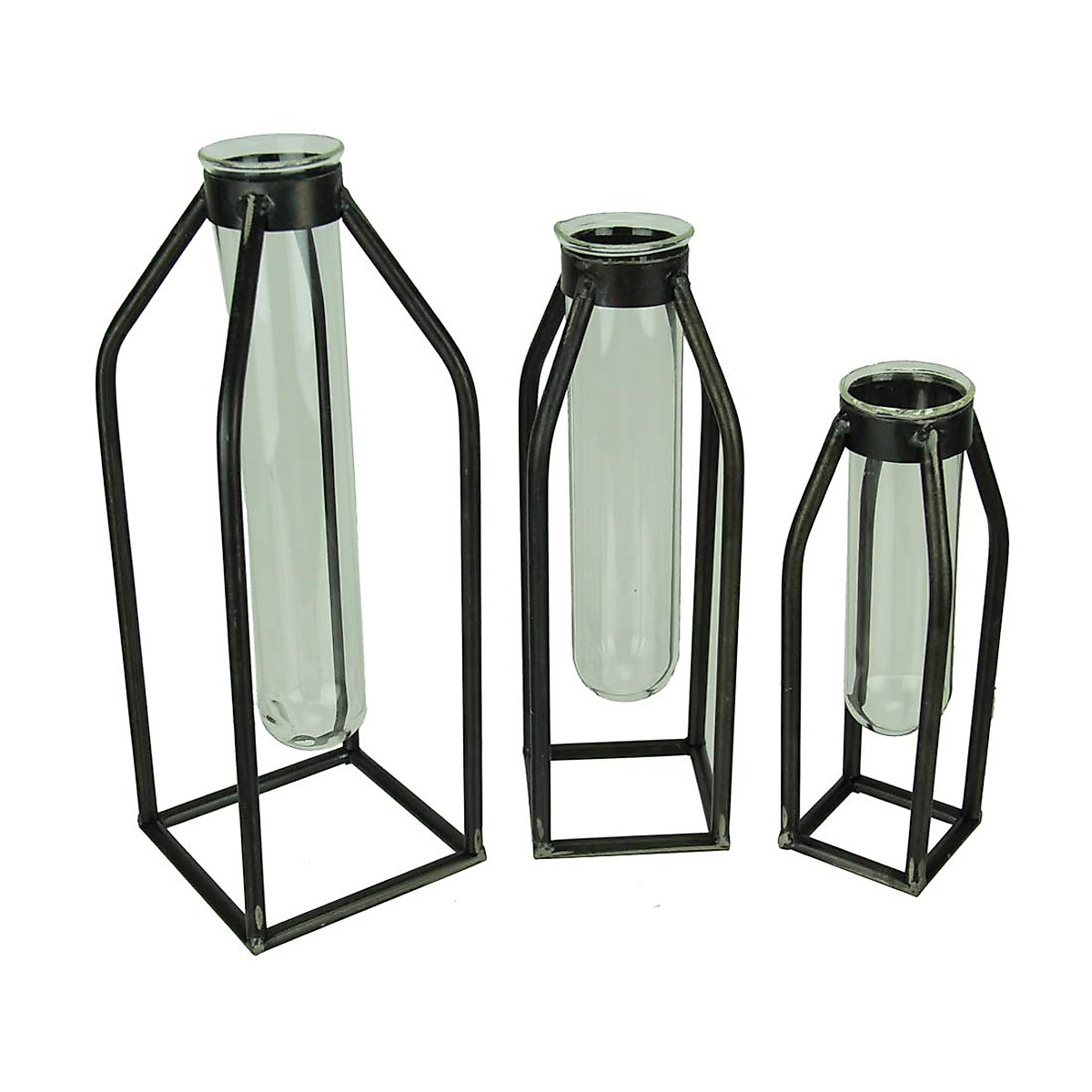 Modern Art Glass Tube Bud Vase with Metal Cage Frame Set of 3