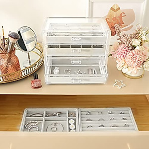 Mebbay Acrylic Jewelry Box with 4 Drawers, Velvet Jewelry Organizer for Earring Necklace Ring & Bracelet, Clear Jewelry Display Storage Case Gift for Woman, Girls Beige White 9.4"x5.3"x7.7"