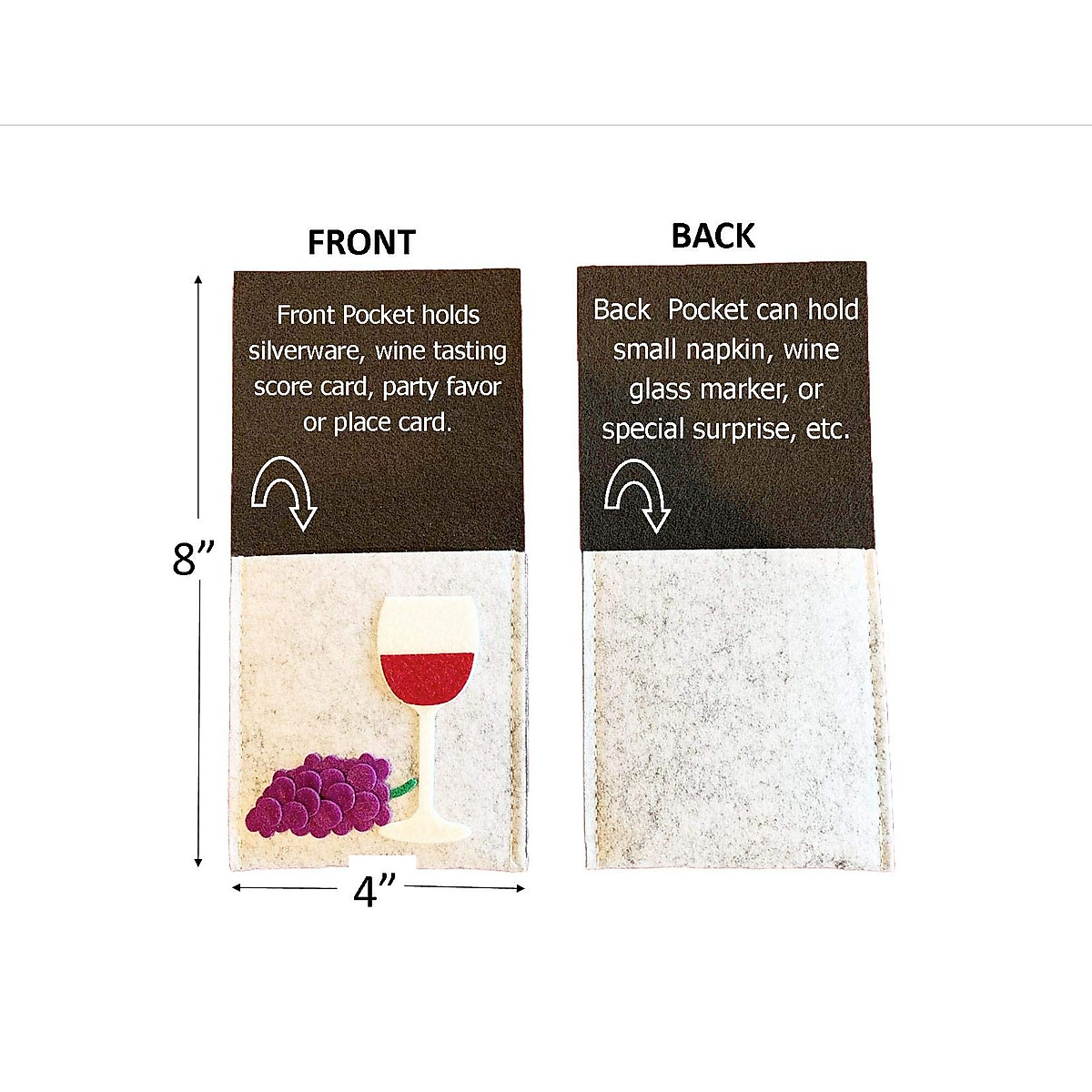 Wine Tasting Party Silverware Holders - 8 Pack Made of Sturdy, Colorful Felt with Fun Wine Bottle, Glass and Grape Images. Terrific for Entertaining or Book Club Hostess or House Warming Gift