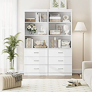 FOTOSOK 71 Inches Tall Storage Cabinet, Bookcase with 3 Drawers and 3-Tier Open Shelves, Wooden Bookshelf Storage Organizer for Living Room, Study, Kitchen, Home Office, White