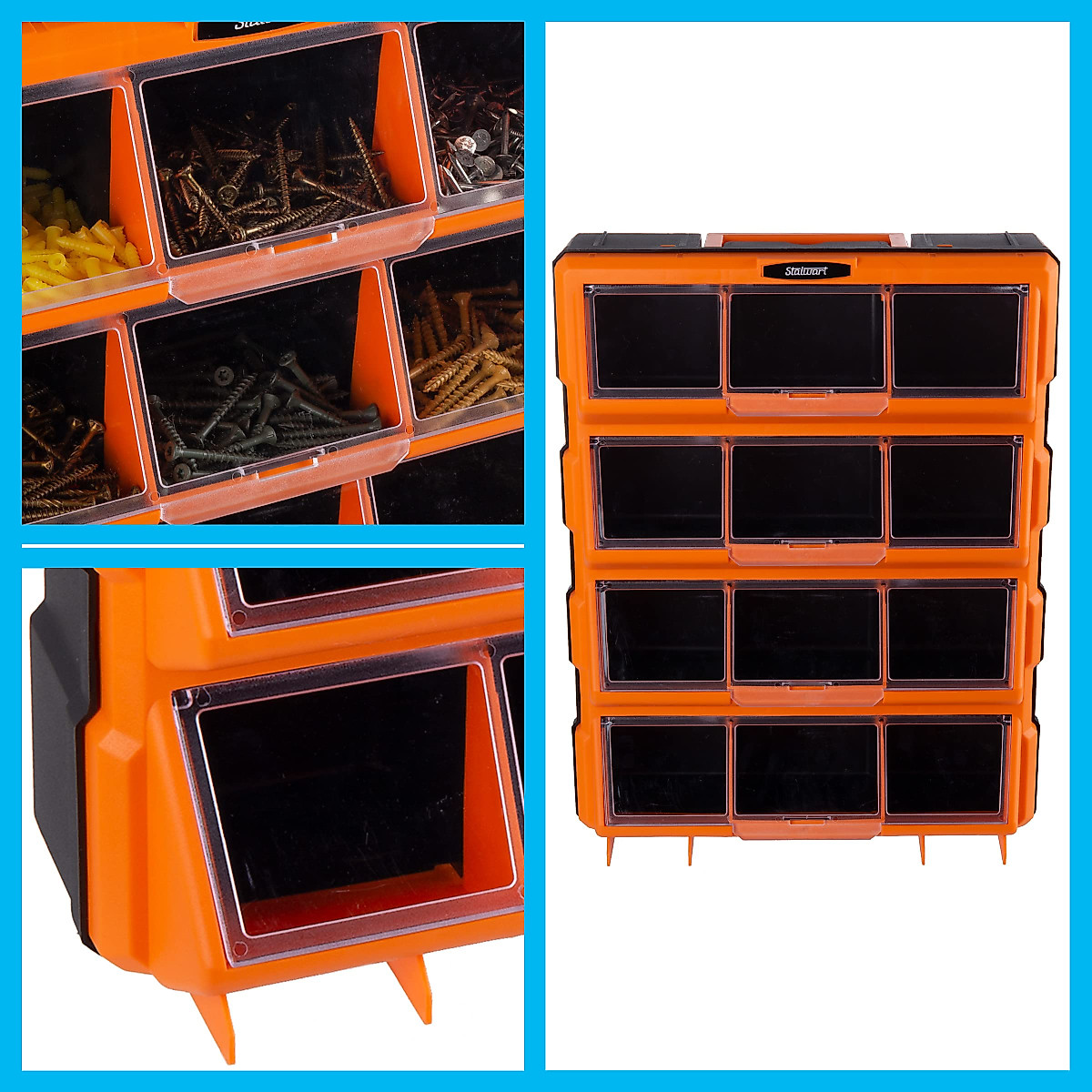 Plastic Storage Drawers - 12-Bin Screw Organizer - Craft Cabinet for Hardware, Crafting Supplies, or Toys - Garage Organization by Stalwart (Black)