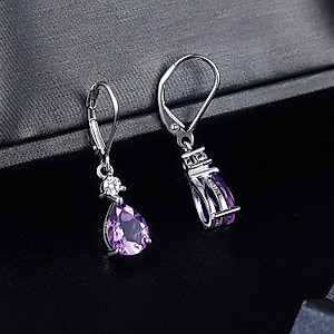 925 Sterling Silver Natural Amethyst Teardrop Leverback Earrings|7 * 9mm Pear Shaped Drop Dangly Earring Hypoallergenic Jewelry for Women
