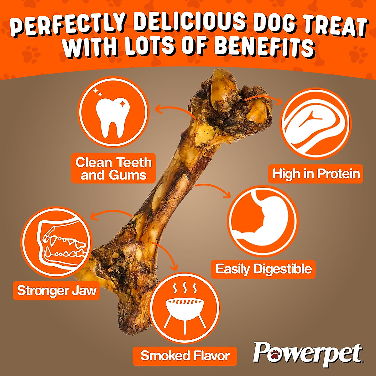 Powerpet Jr. Mammoth Bone - Halloween Dog Treats, Natural Beef Dog Chew Bones, Digestible Dog Bones w/High Calcium, for Dental Health, Large Breeds & Aggressive Chewers - Odorless, Smoked Flavor 1pc
