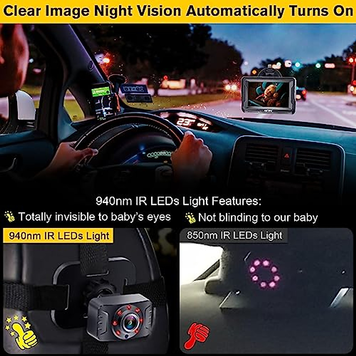 Baby Car Camera Rear Facing: HD 1080P Car Baby Monitor with Camera Wide View 360° Rotation Adjustable Backseat Camera Crystal Night Vision 3 Mins Easy to Install