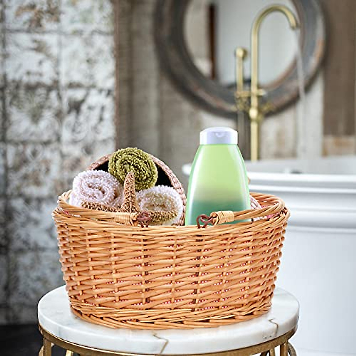 TwentyNext Wicker Picnic Basket with Double Folding Handles, Natural Large Willow Hamper Empty Basket Cheap Easter Eggs Candy Storage Wine Basket for Toy, Flower, Wedding Gifts（Red Stripe L）