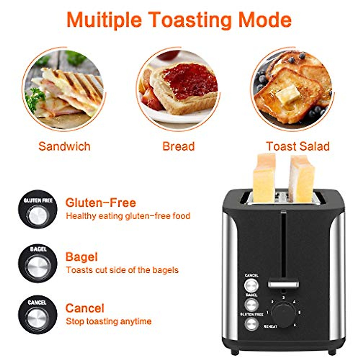 Toaster 2 Slice, Extra Wide Slot, Stainless Steel, 7 Browning Shade Settings, Bagel/Cancel/Gluten-Free/Reheat Function, 900 Watt