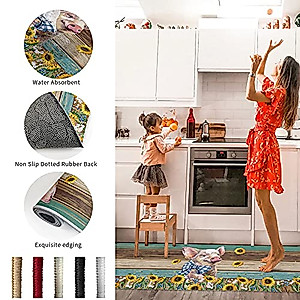 Kitchen Mat 2PCS Pig Hold Sunflowers Rustic Wooden Planks Farm Animal Kitchen Rugs Kitchen Organization, Anti-Fatigue Kitchen Floor Mats Non-Slip Kitchen Decor Runner Rug Room Decor Standing Desk Mats